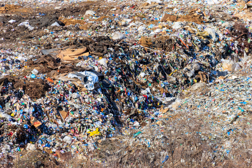 Aerial view of city garbage dump. Pile of plastic trash, food waste on ...