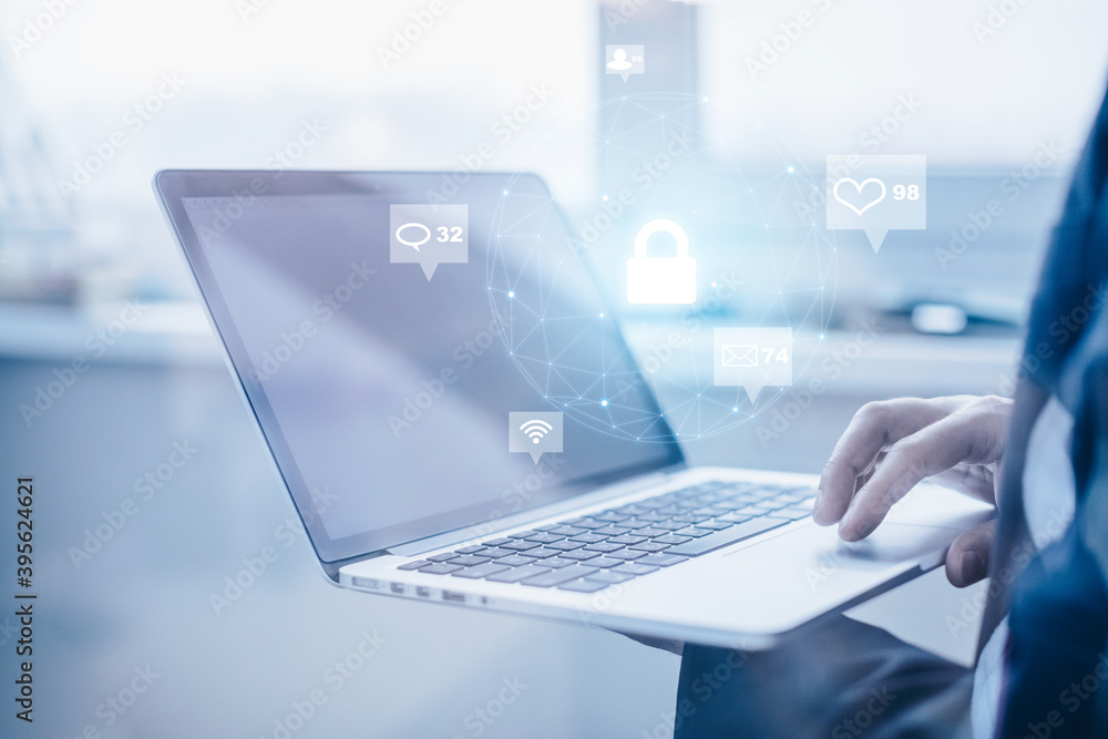 Social media and Marketing virtual icons screen concept. Secure virtual ...