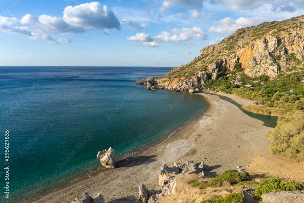 Preveli beach (aka., Palm Beach) at the mouth of the Megas river ...
