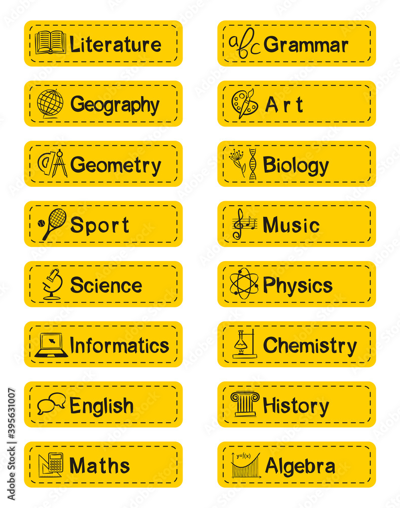 Vetor de Orange stickers with names and icons of school subjects ...