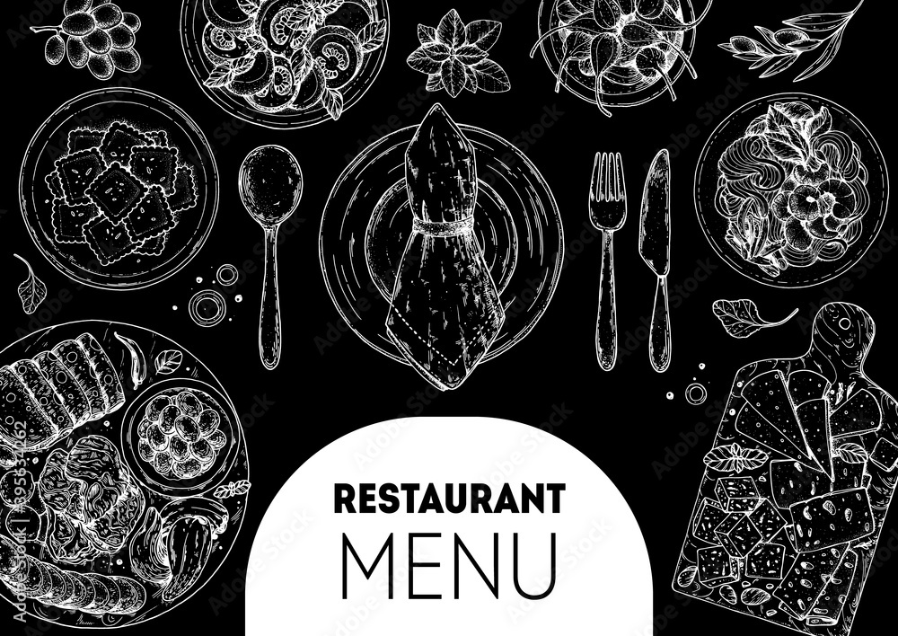 Italian ravioli. Food top view. Sketch illustration. Italian cuisine ...