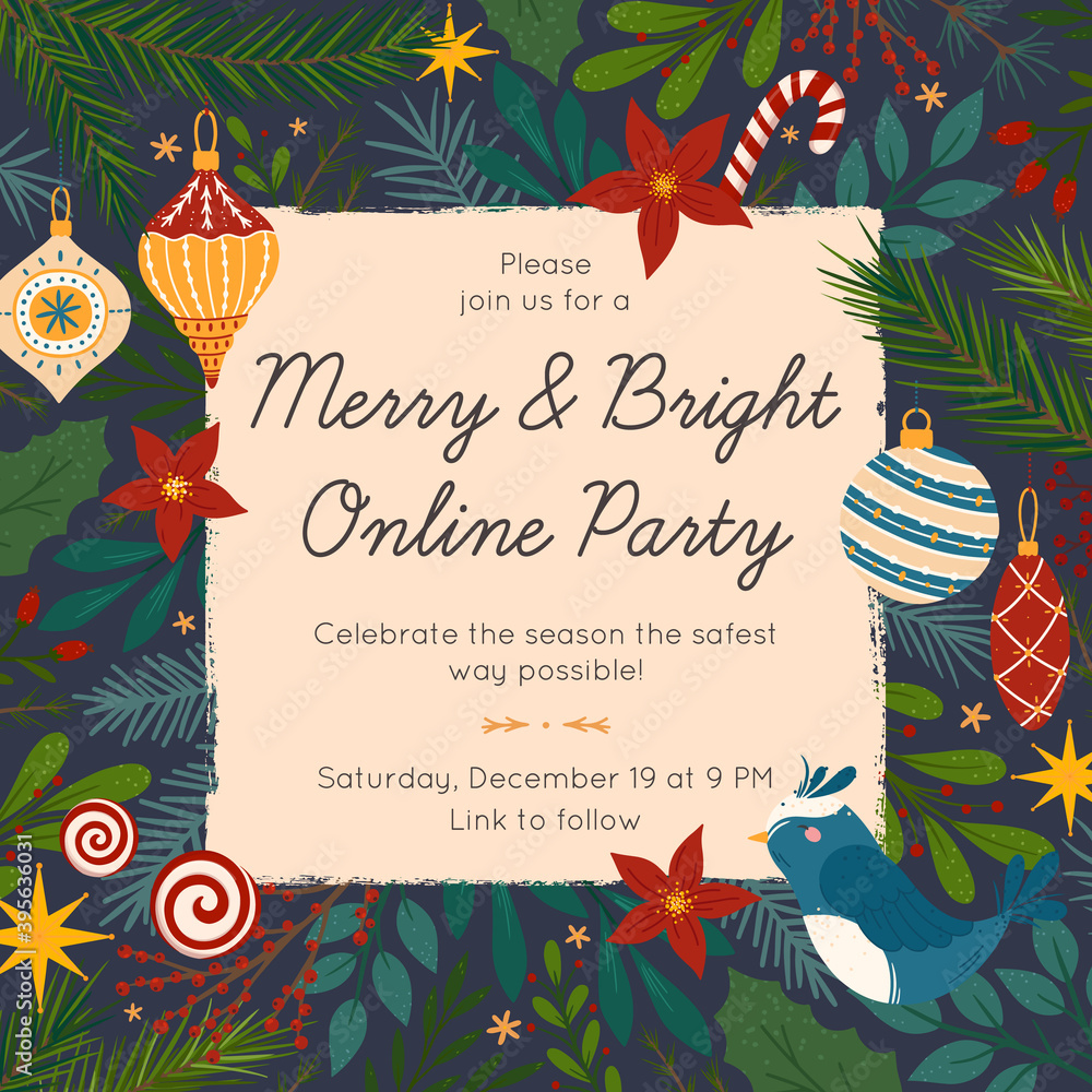 Christmas and Happy New Year virtual party invitation template during ...