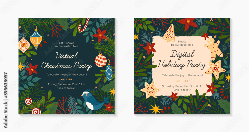 Set of Christmas and Happy New Year virtual party invitation templates ...