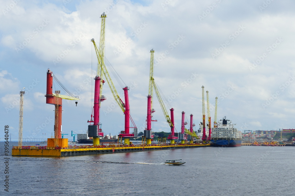 Port with modern cranes for container loading, overseas port of the ...