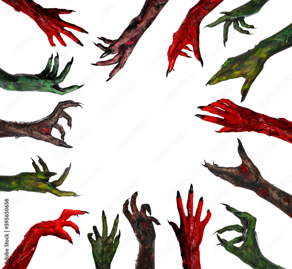 Collage with photos of scary monsters on white background, closeup ...