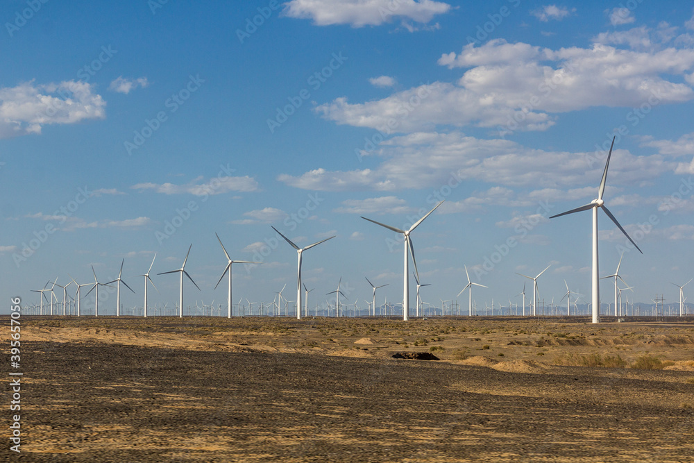 Wind power plants in the Gobi desert, Gansu province, China Stock Photo ...