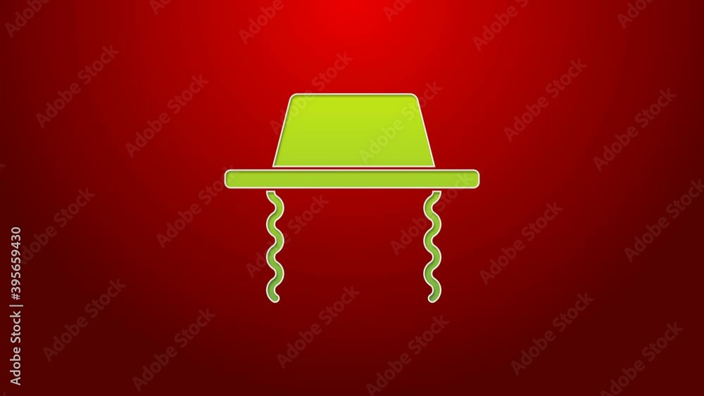 Green line Orthodox jewish hat with sidelocks icon isolated on red ...