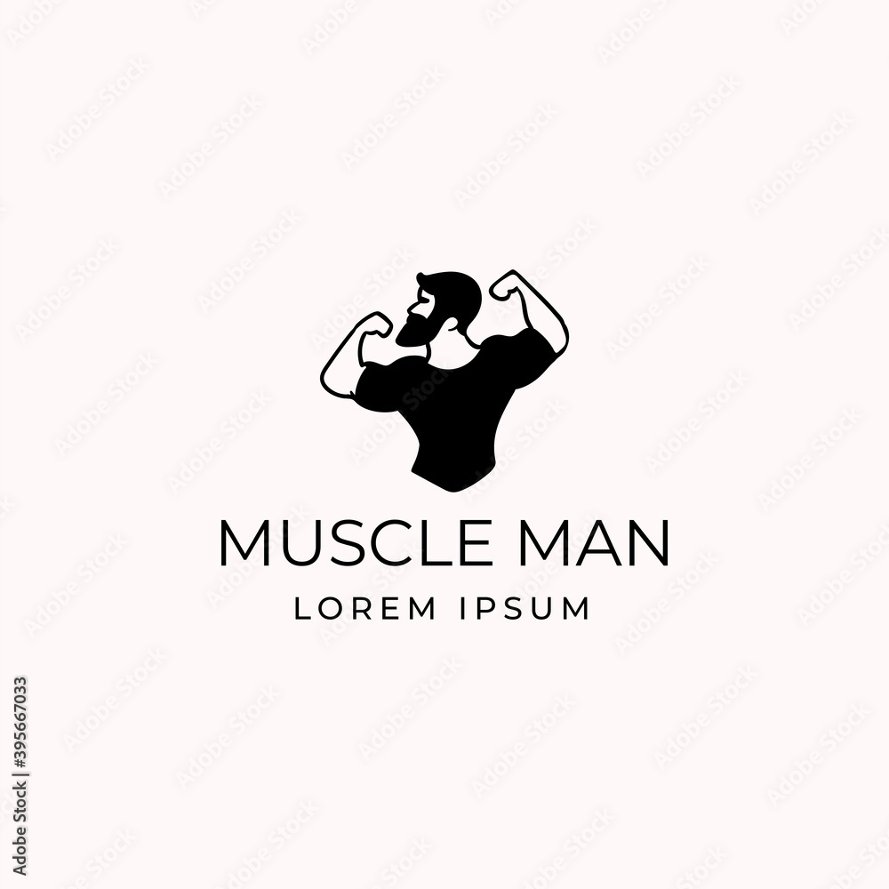 Simple flat bearded muscular bodybuilder flexing his muscle pose icon ...