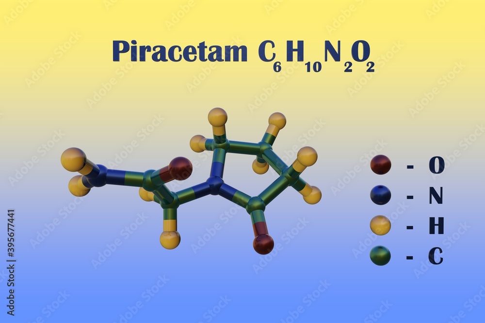 Chemical structural formula and molecular model of piracetam, a drug ...