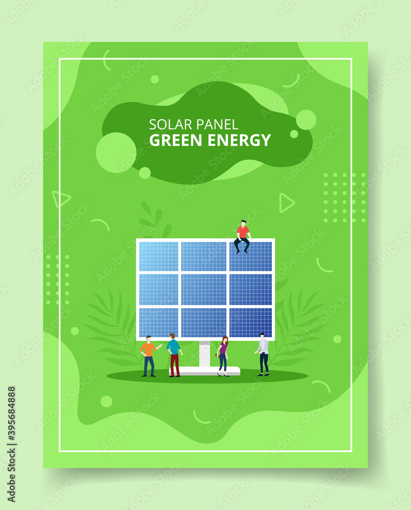 solar panel green energy people standing sitting around big solar panel ...