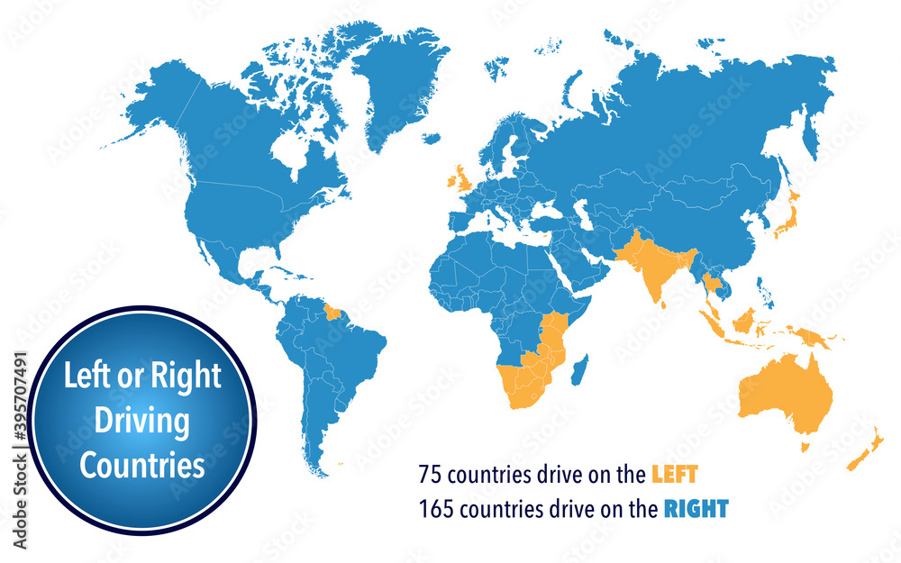 World map with the countries that drive on the left and on the right ...