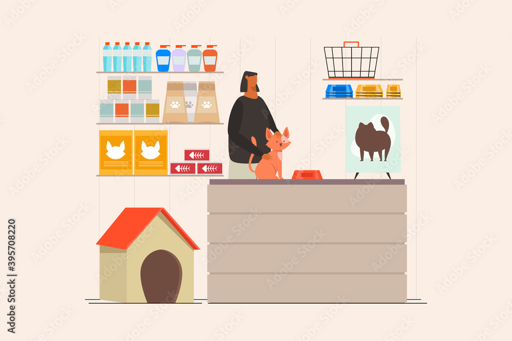 Pet shop concept. Seller male cartoon character standing behind counter ...