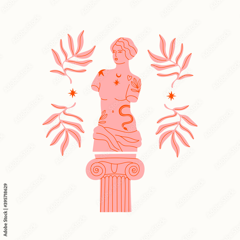 Pink marble statue of Venus, column, branches. Greek ancient statue ...