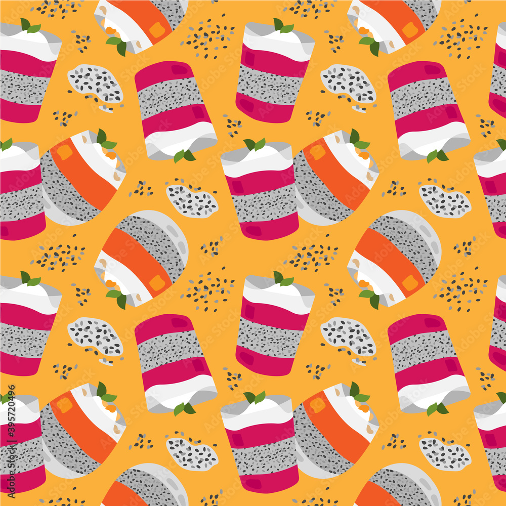 Vector hand drawn pattern of chia pudding and seeds. Chia pudding, chia ...