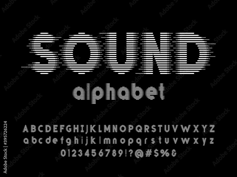 Sound wave style alphabet design with uppercase, lowercase, numbers and ...