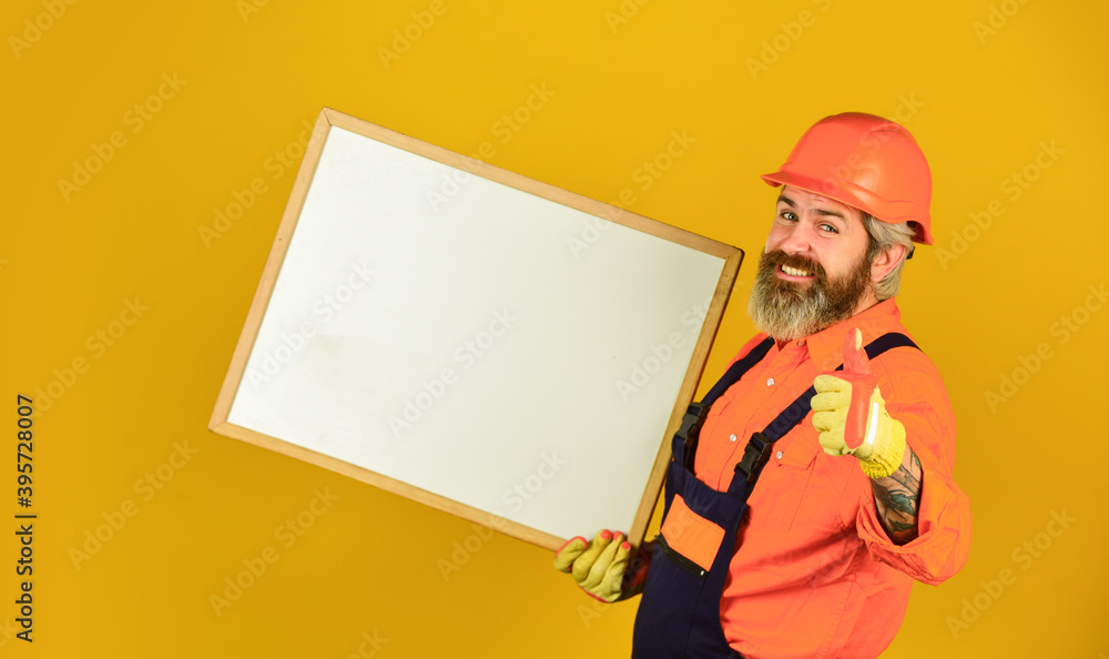 male construction worker. copy space. planning new project. man with ...