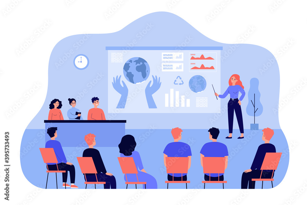 Female speaker standing in front of presentation isolated flat vector ...