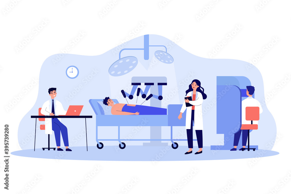 Surgeons watching robot doing surgical operation flat vector ...