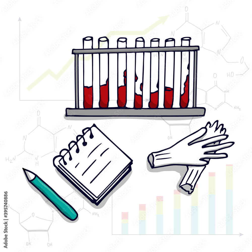 Blood samples, plates and gloves, laboratory. Freehand sketches ...