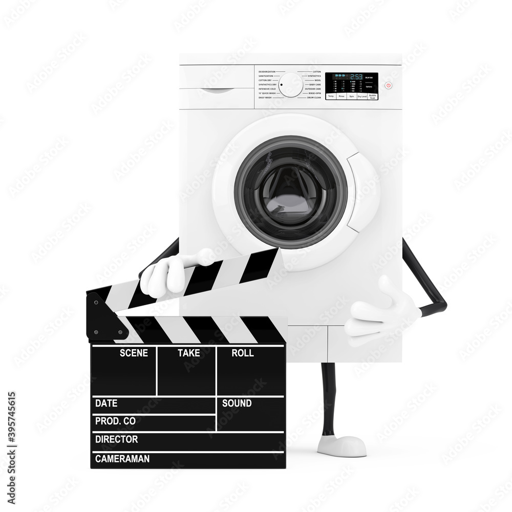 Modern White Washing Machine Character Mascot with Movie Clapper Board ...