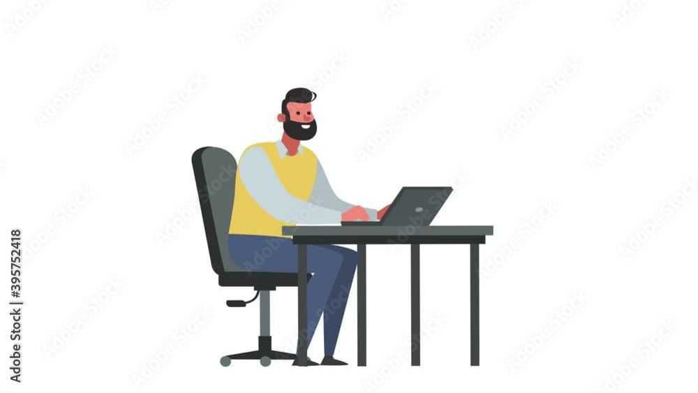 Cartoon Cute Bearded Man Character Work From Laptop Workplace Isolated ...
