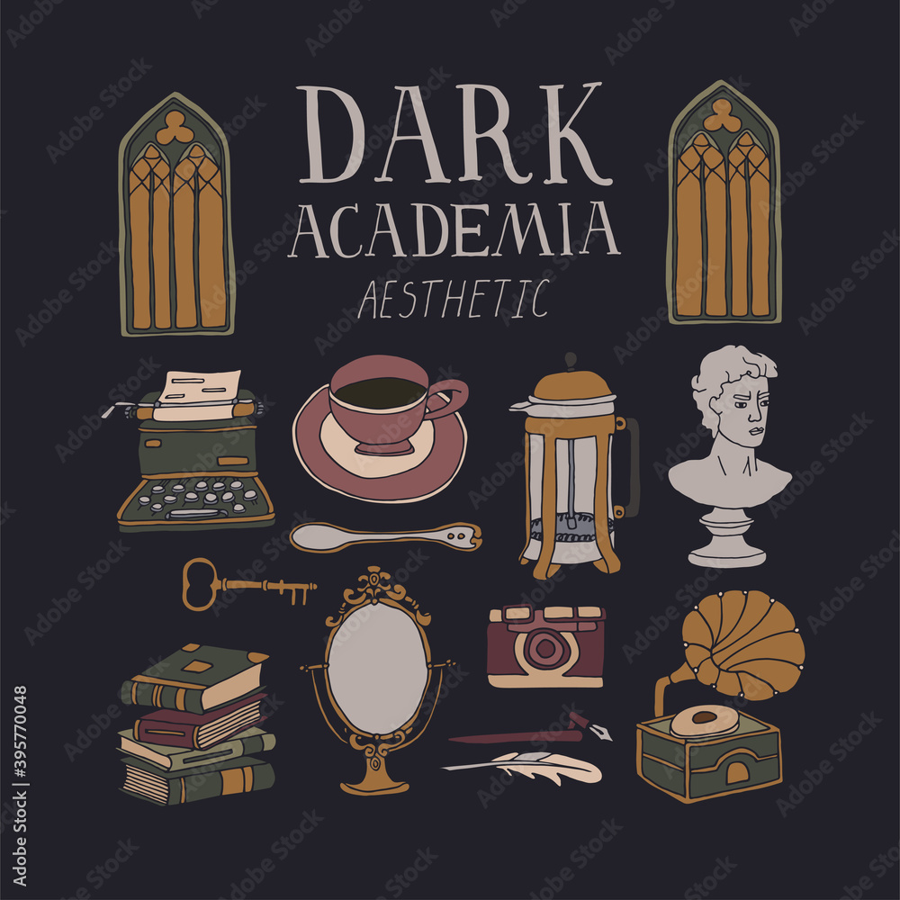 Dark Academia room set. Vintage elements collection. Bust, french press ...