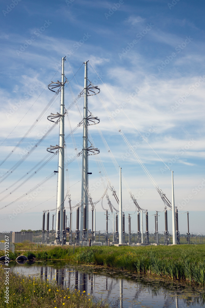 Transformer substation with electric towers (pylons) and equipment on ...