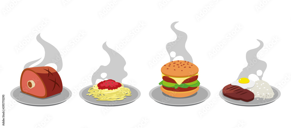 Vector Meal Food Illustration. Collection of Hot food Items on Dishes ...