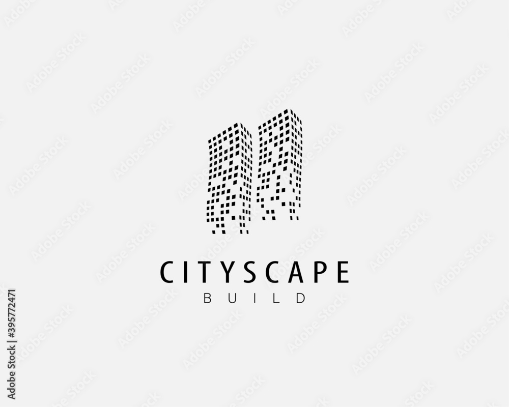 Dispersed building vector logo with disintegration effect. Square ...