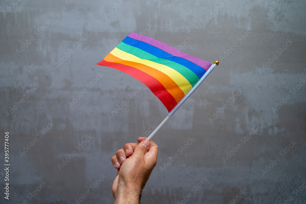 Person hand holding and waving an LGBT pride flag. Multicolored peace ...