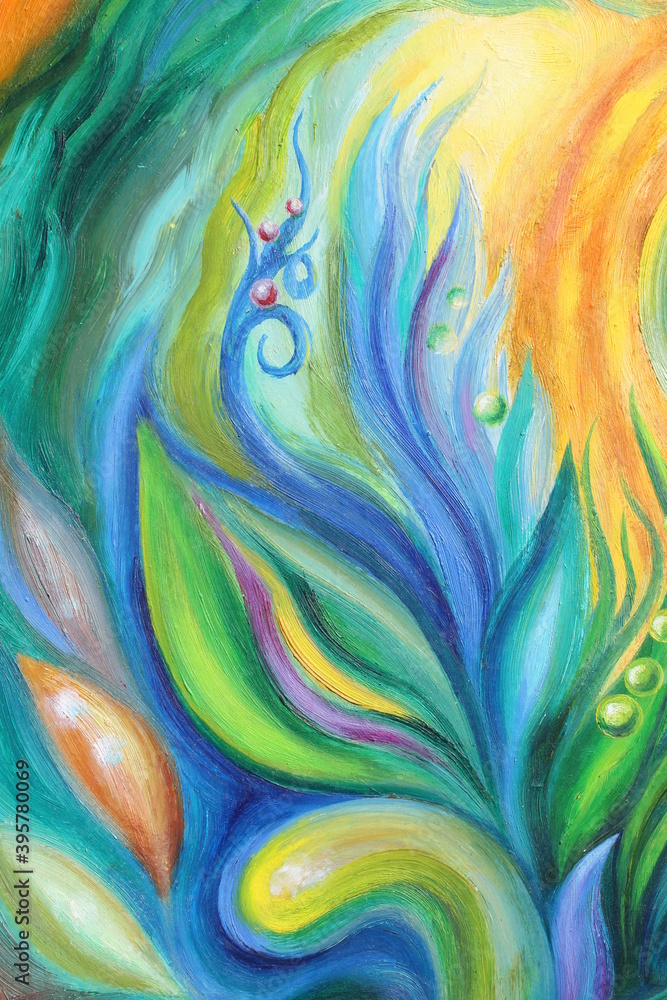 Abstract painting with elements of plants and natural elements is ...