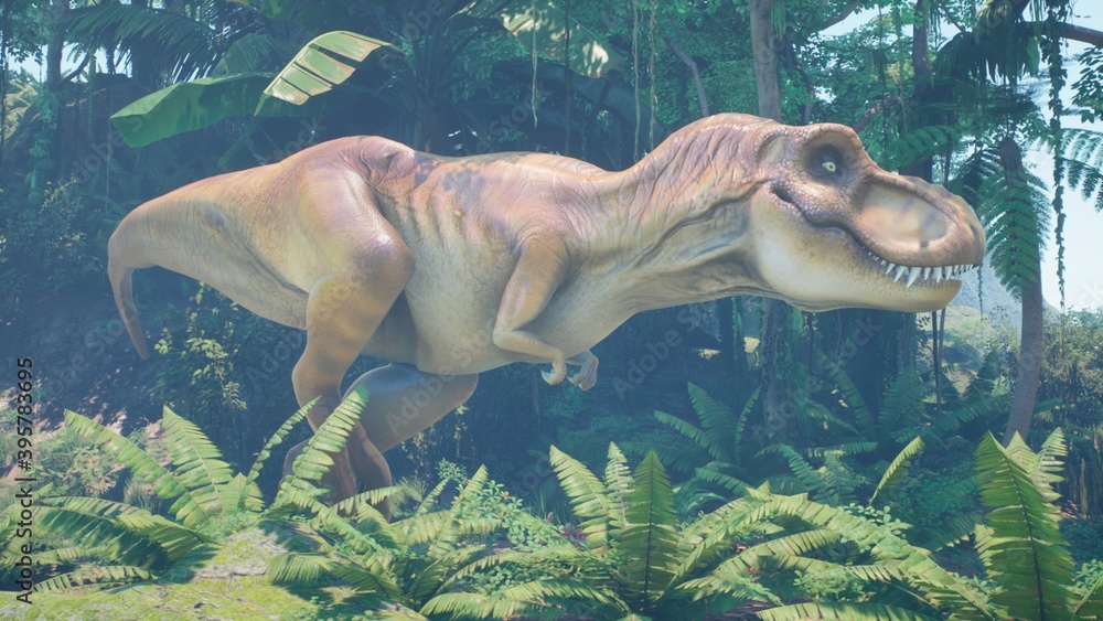 The Tyrannosaurus Rex dinosaur slowly creeps up on its prey in a ...