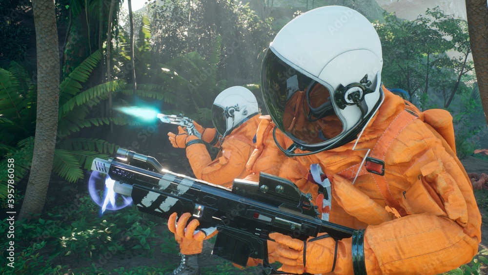 Astronauts battle the dinosaur Tyrannosaurus Rex in a prehistoric alien ...