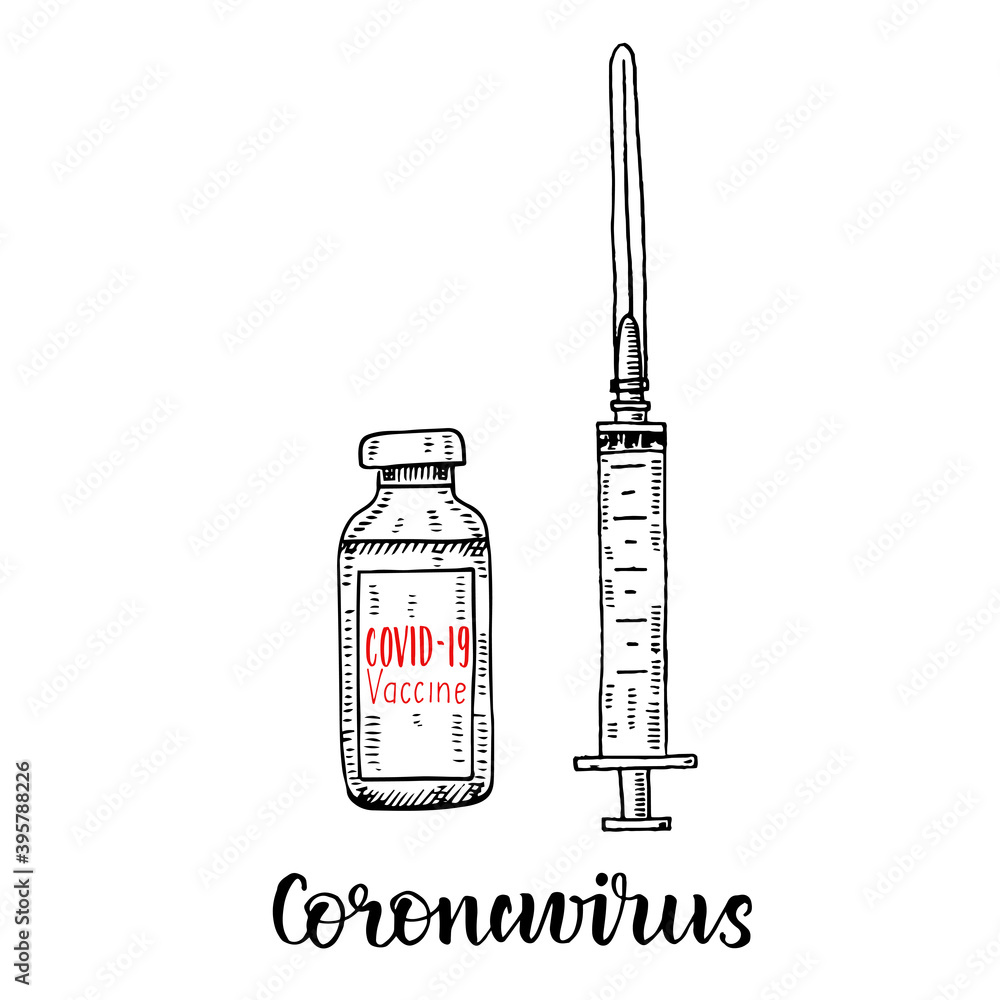 COVID-19 Coronavirus Vaccine bottle and syringe vector drawing in ...