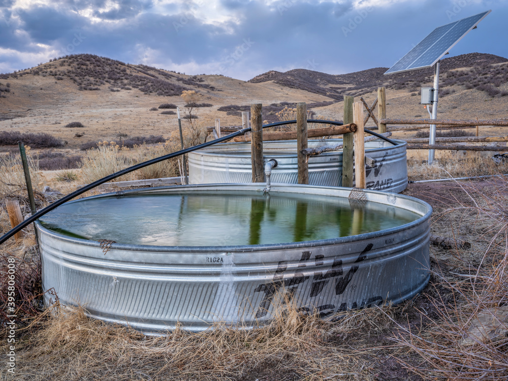 Metal water stock tanks for cattle at Colorado foothills - Soapstone ...