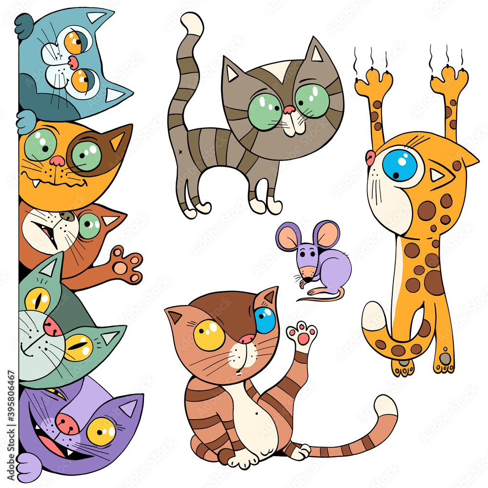 Vector illustration. Funny cartoon. Cheerful crowd of multicolored cats ...