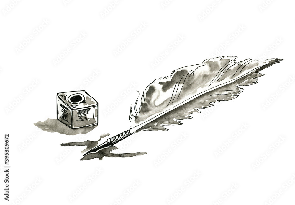 Graphic sketch of feather pen and ink isolated on white background ...