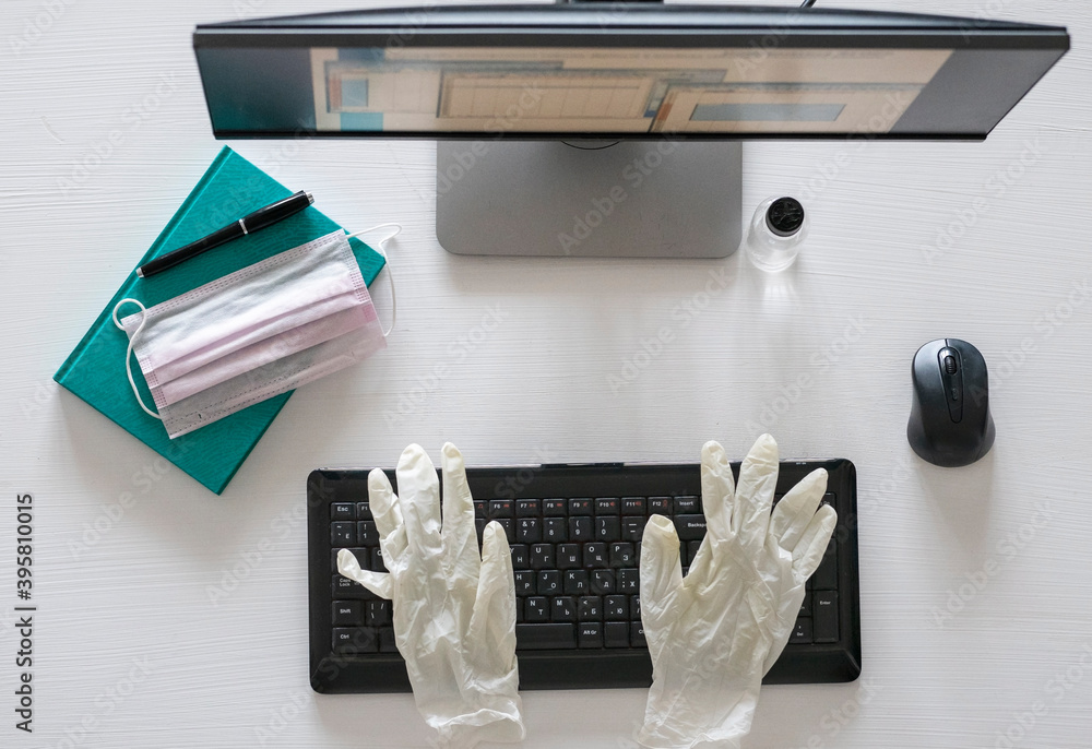 Flat lay, Top view work form home and COVID-19 prevention concept on ...