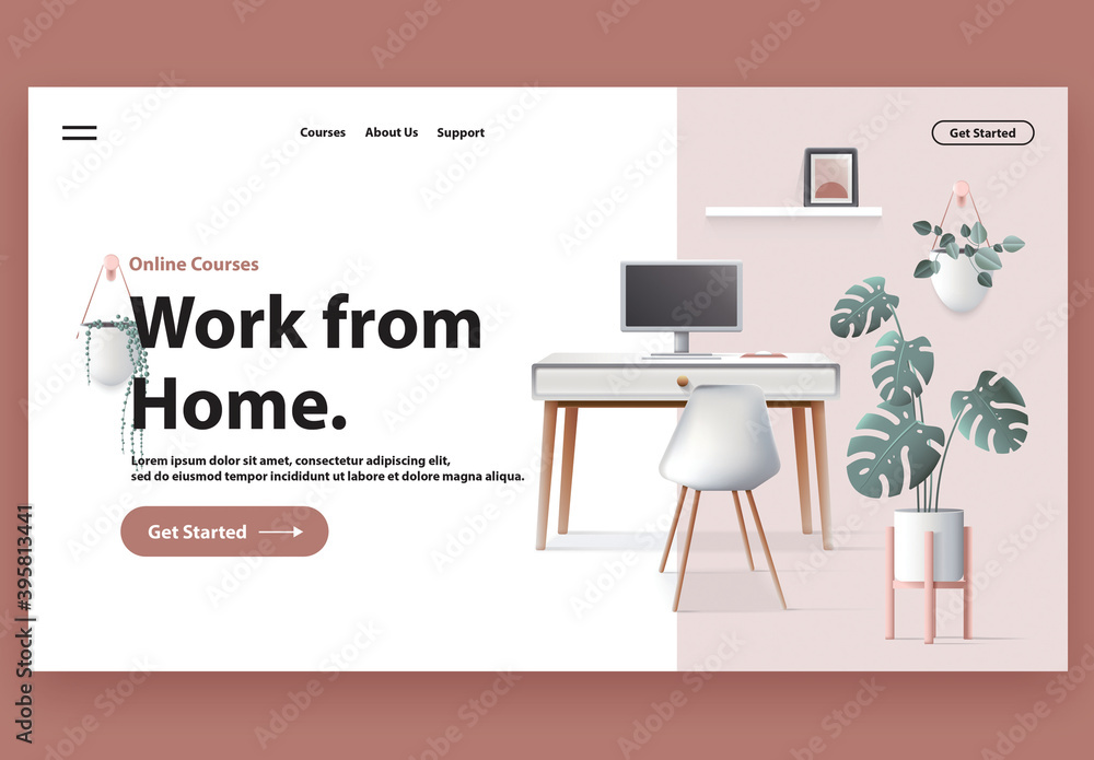 Website Header with Home Office Setting Stock Template | Adobe Stock