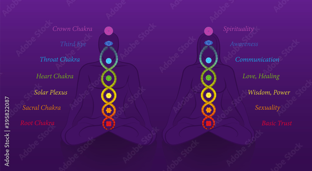 Meditating couple with seven main chakras and kundalini serpent or ...