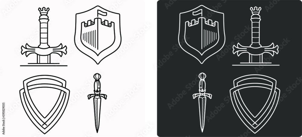 Collection of heraldic shield shapes logos and Arthur's sword emblem in ...