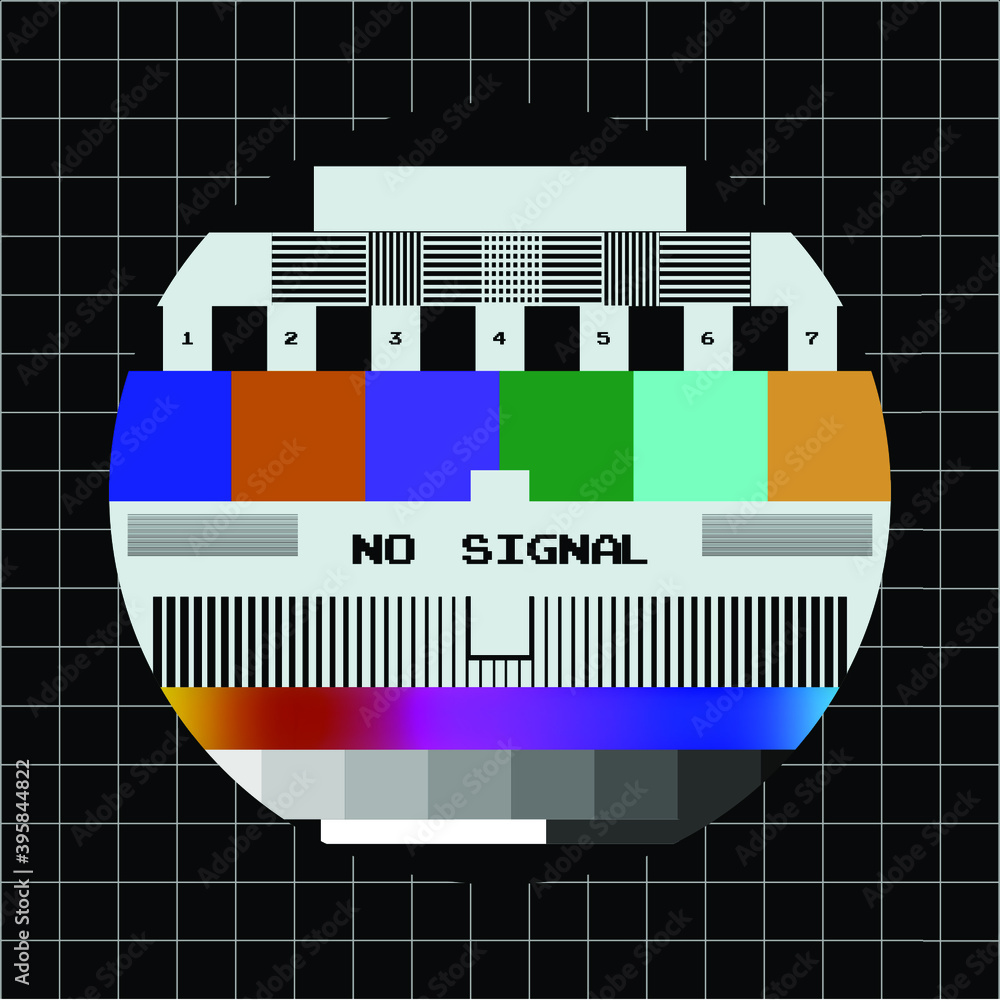 Glitched VHS screen with TV colour bars. Old television broadcast Test ...