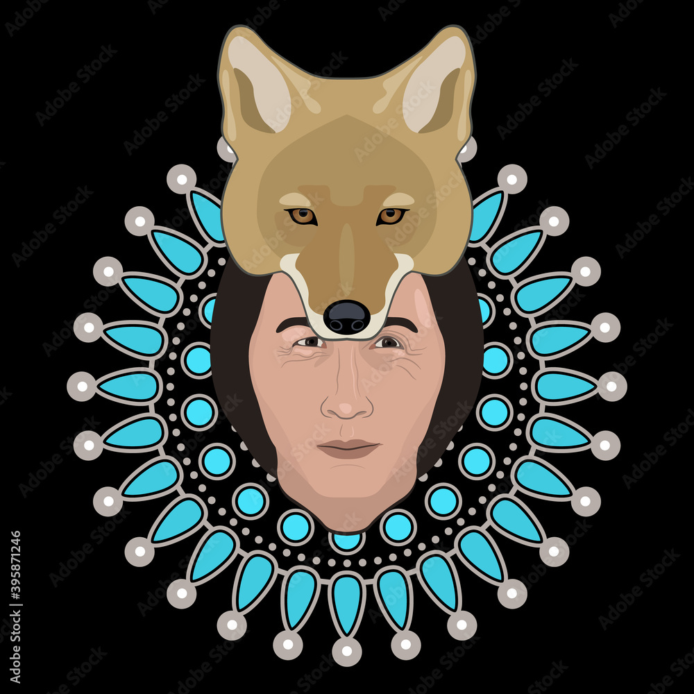 Vetor de Head of Native American man in coyote mask or hat and tribal ...