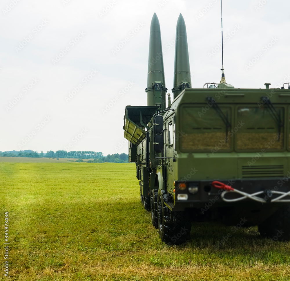 Antiaircraft missile complex, military ballistic launcher with two big ...