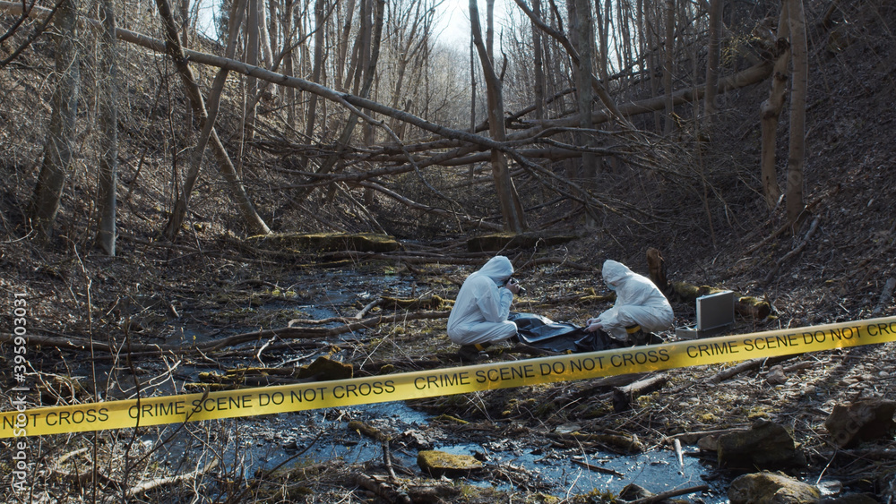Detectives are collecting evidence in a crime scene. Forensic ...