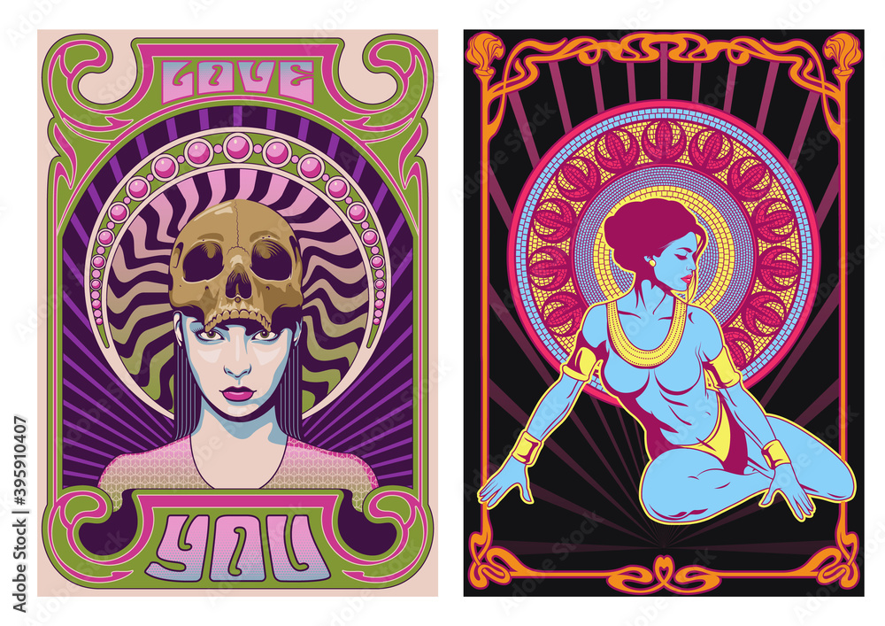 Female Posters, Psychedelic Art Style, Art Nouveau Frames, 1960s Colors ...