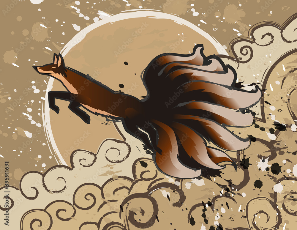 japanese mythology magical kitsune nine tails fox Stock Vector | Adobe ...