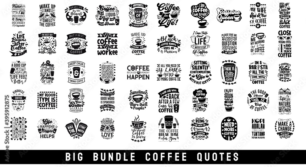 Set of coffee quotes typography lettering bundle pack collection for ...
