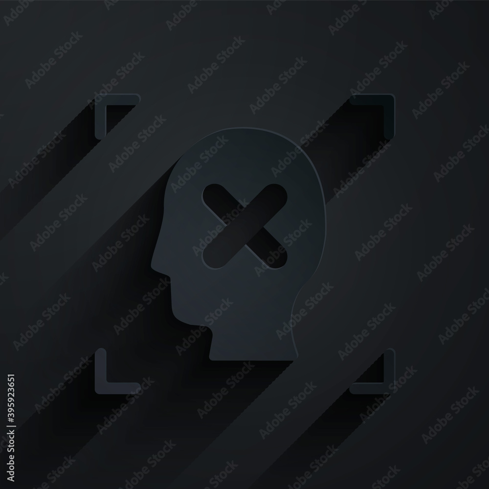 Paper cut Rejection face recognition icon isolated on black background ...