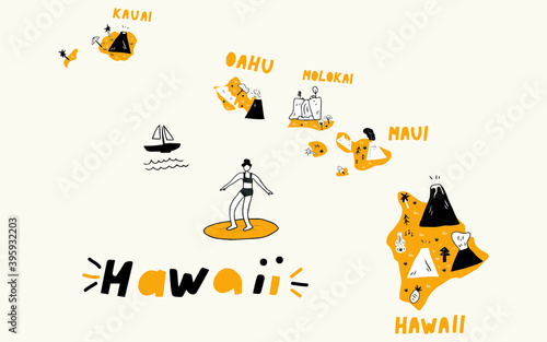 Cartoon map of Hawaii. Illustrated map of Hawaii in handdrawn colorful ...